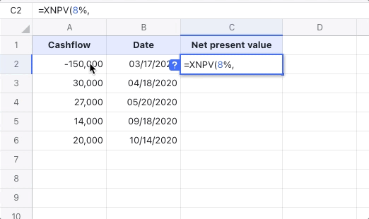 XNPV function for Sheets