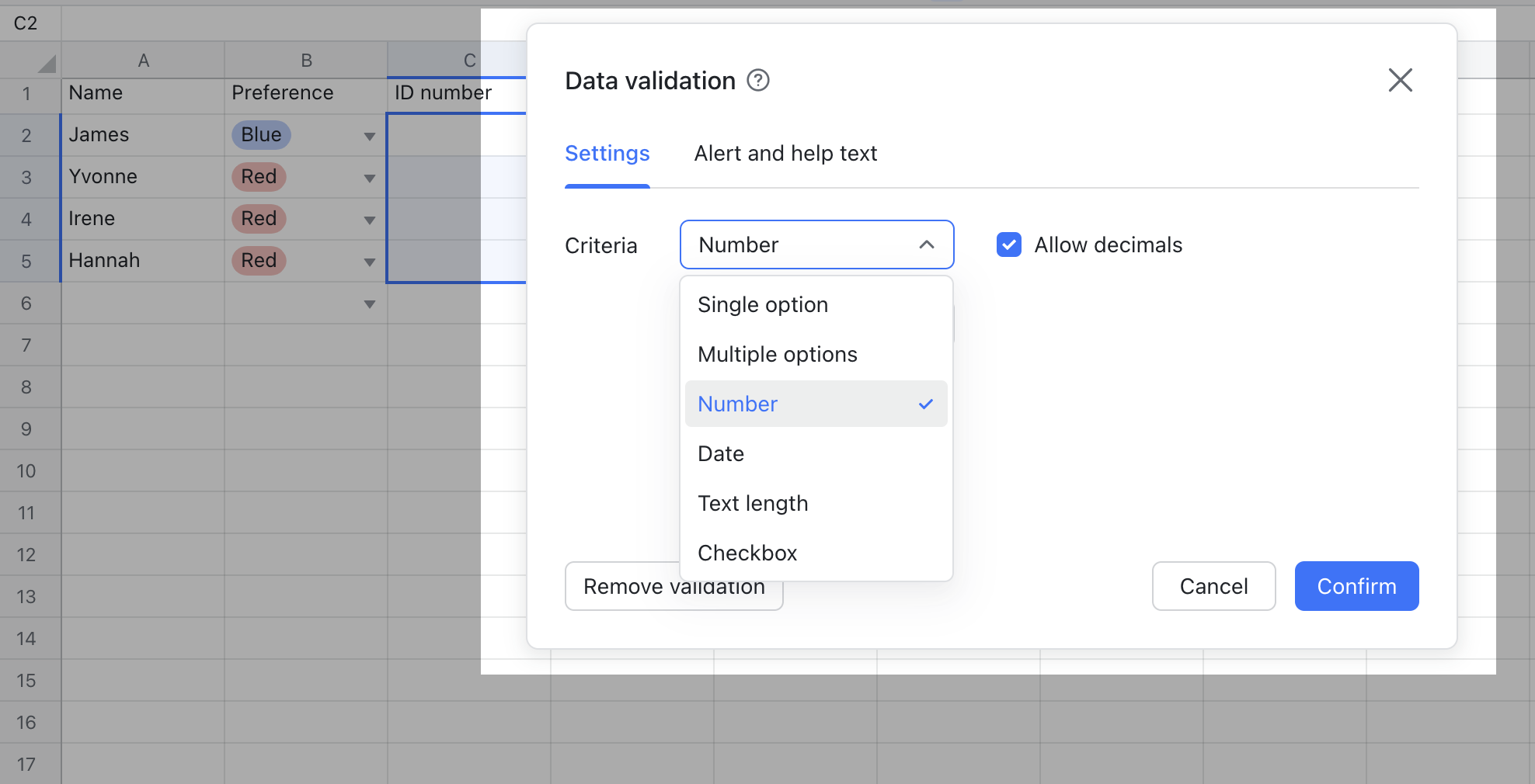 Use data validation in Sheets