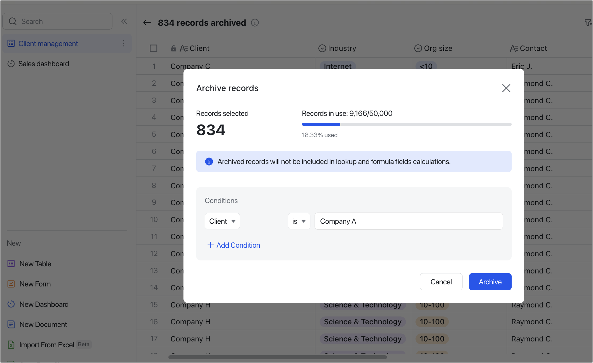 Archive records in Base (up to 1 million records)