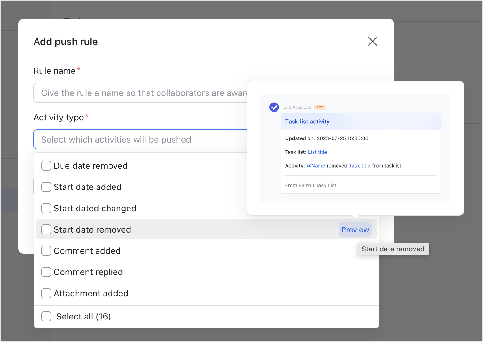 View task list activities and configure push notification rules