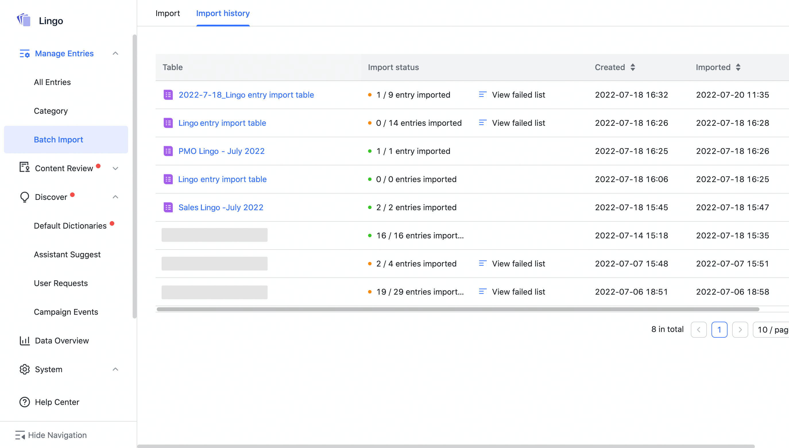 Create and import Lingo entries