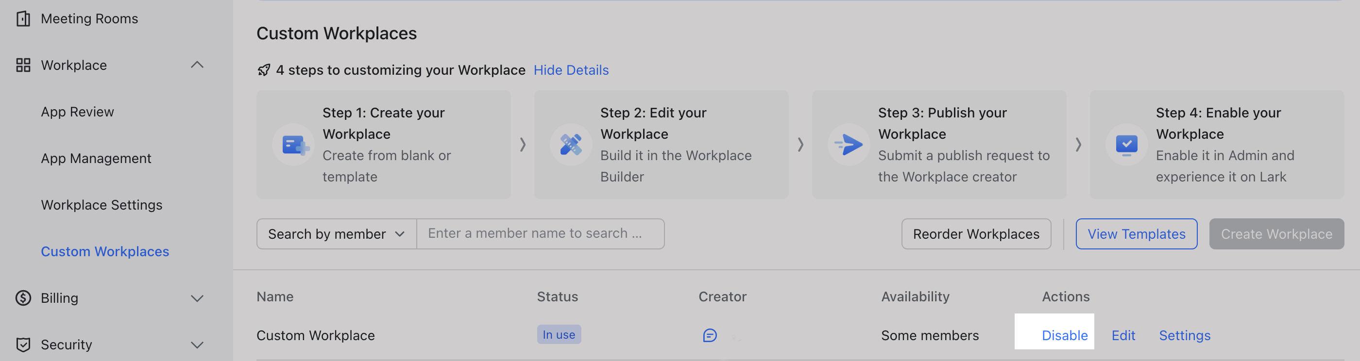 Publish and enable a Custom Workplace