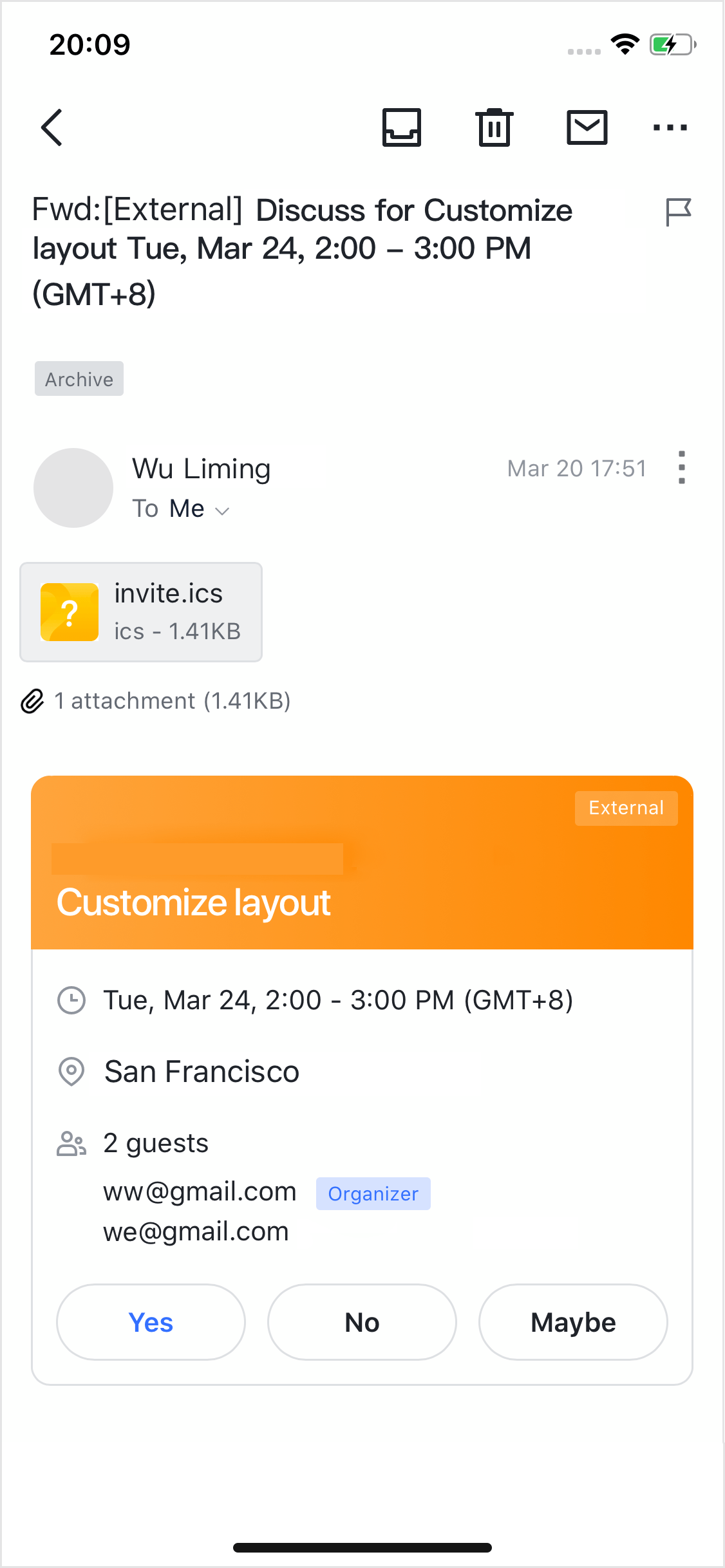 Manage event invitations from external calendars