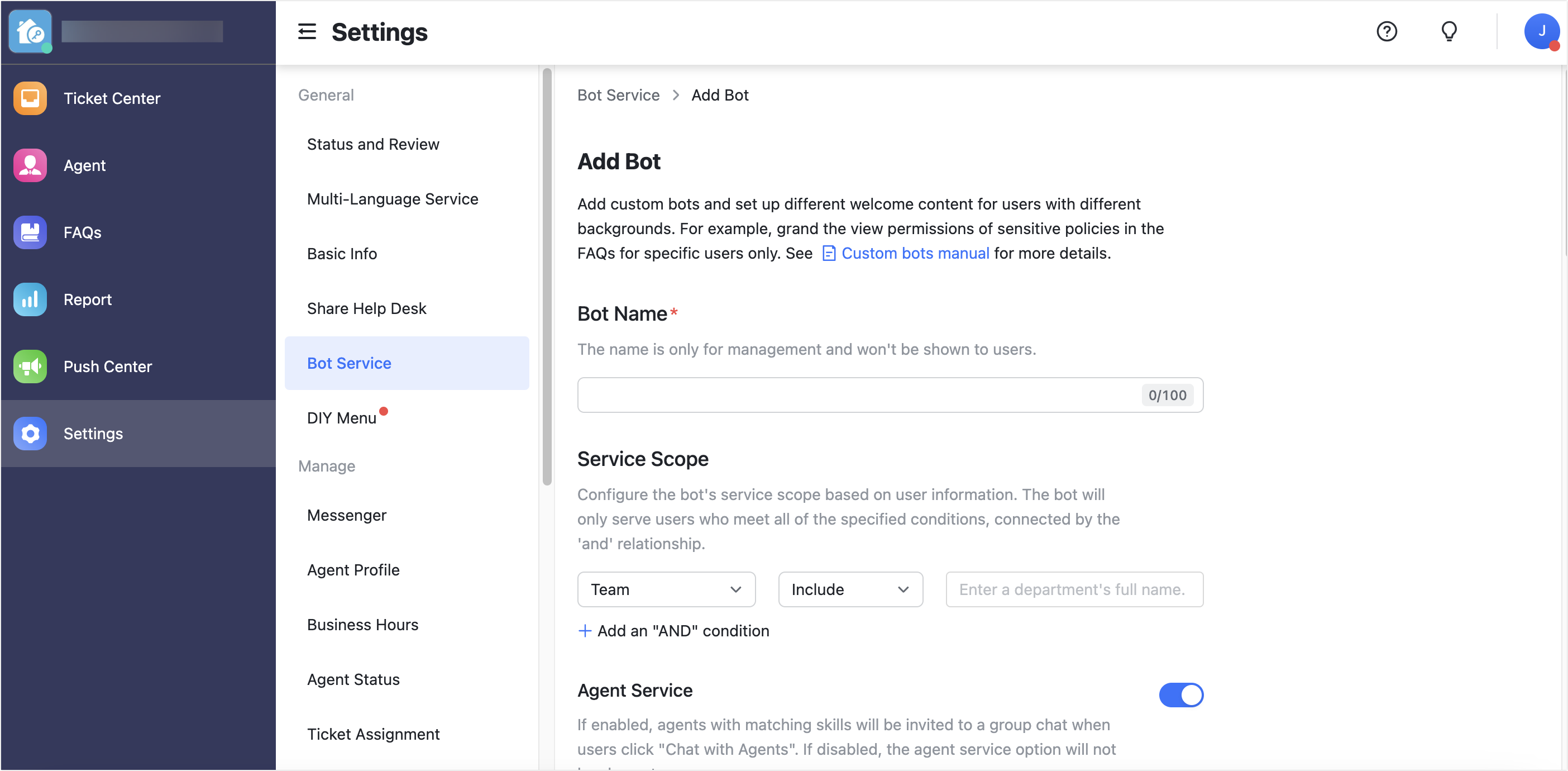Add and use custom bots in Help Desk
