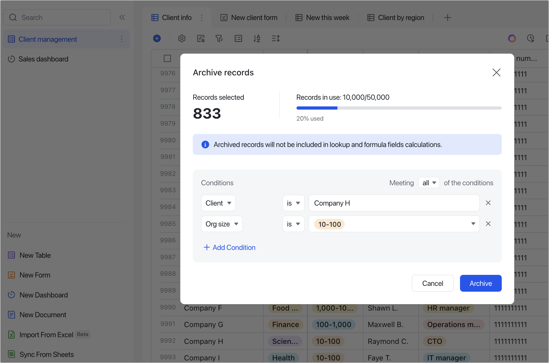 Archive records in Base (up to 1 million records)