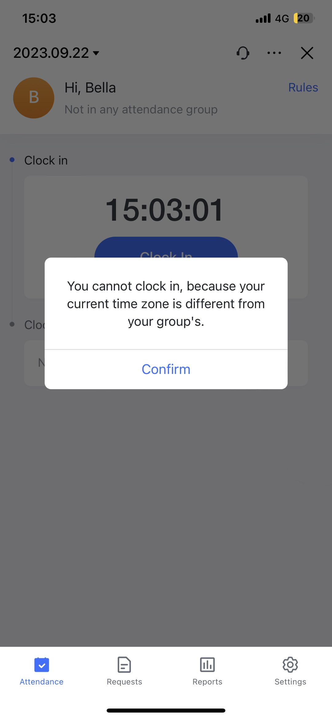 Handle time zone errors when clocking-in
