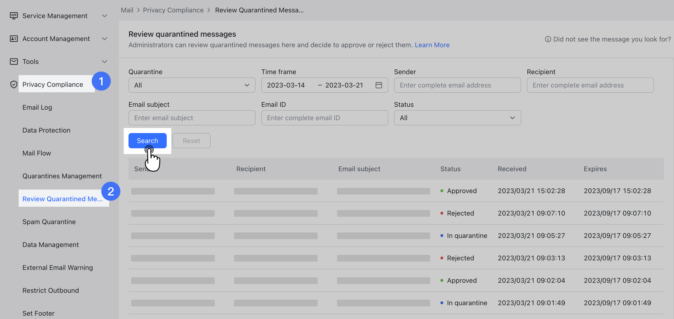Admin | Review emails in quarantine
