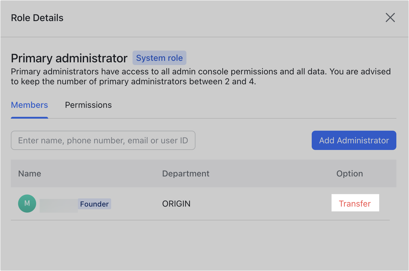 Admin | Transfer identity as an organization founder