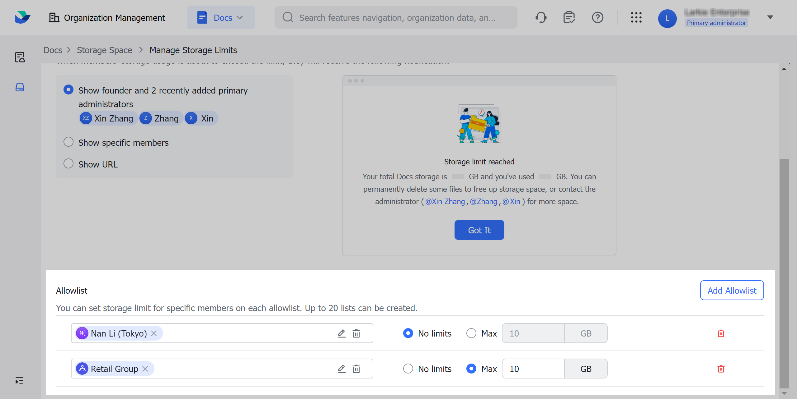Admin | Set storage limit for members