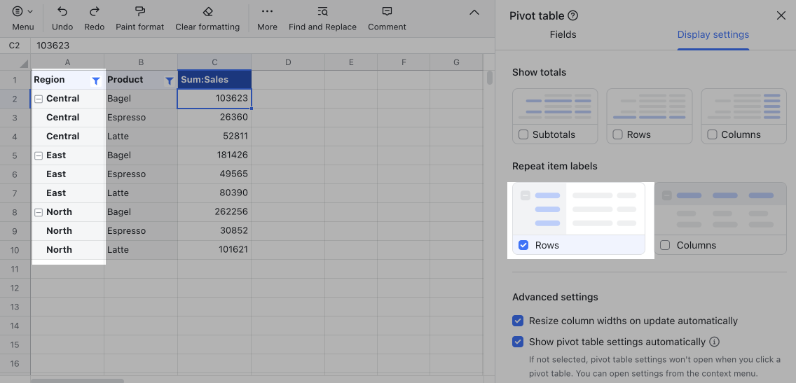 Change the display settings of pivot tables