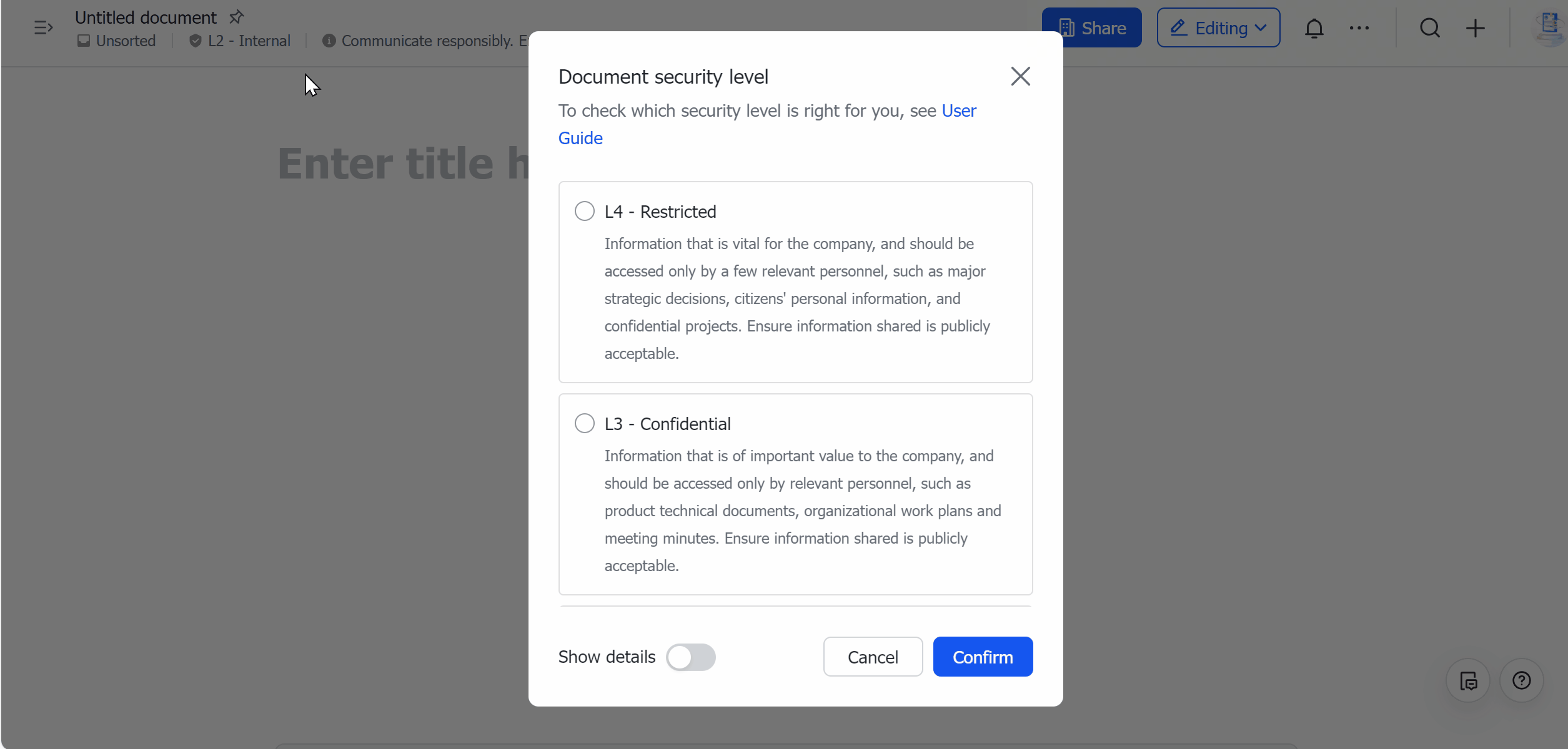 Set security levels for documents