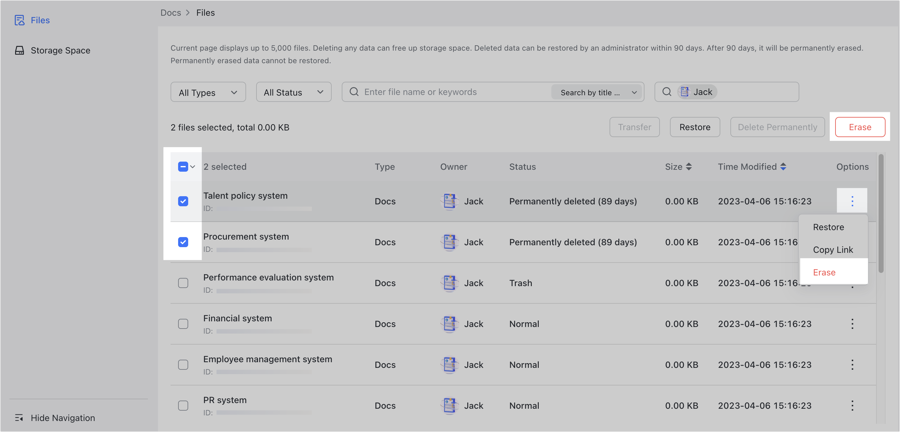 Admin Manage Document Files