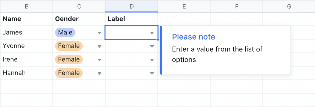Use data validation in Sheets